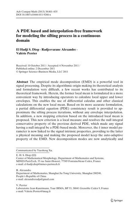 pdf a pde based and interpolation free framework for modeling the sifting process in a