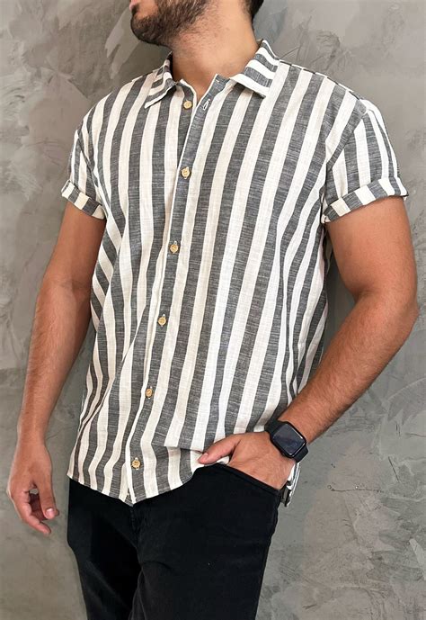 Camisa Manga Curta Masculina Algod O Linho Listrada Preto Lav Bora