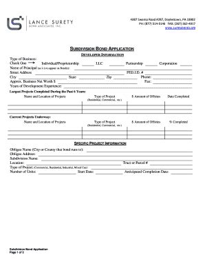 Fillable Online SUBDIVISION BOND APPLICATION INDEMNITY AGREEMENT Fax
