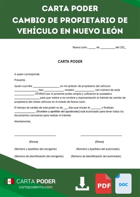 ᐅ Carta Poder Cambio de Propietario Vehicular Nuevo León