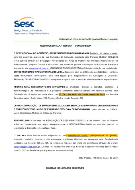SESC RESUMO DE EDITAL N º 0004 2021 CONCORRÊNCIA Portal Correio