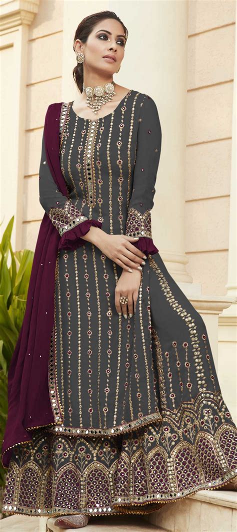 Engagement Party Wear Black And Grey Color Georgette Fabric Salwar