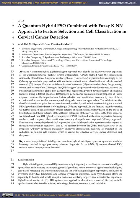 pdf a quantum hybrid pso combined with fuzzy k nn approach to feature selection and cell