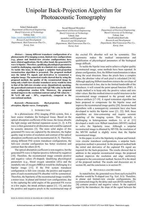 pdf unipolar back projection algorithm for photoacoustic tomography
