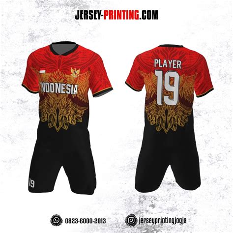Jersey Futsal Hitam Merah Motif Pola Burung Garuda Kuning Jersey