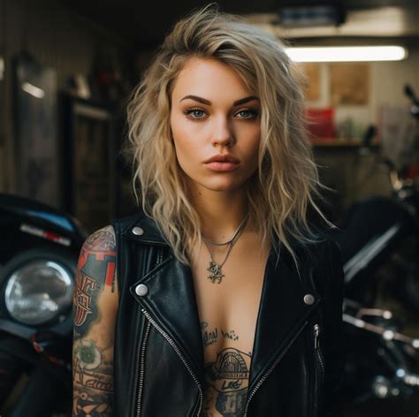 Premium AI Image A Woman With A Tattoo On Her Arm And A Motorcycle
