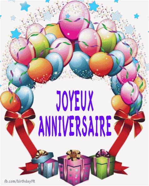 A Birthday Card With Balloons And Presents In Front Of The Words Joyeux