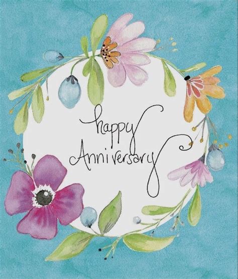 Happy Anniversary Card With Watercolor Flowers And Leaves On Blue