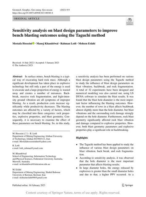 pdf sensitivity analysis on blast design parameters to improve bench blasting outcomes using