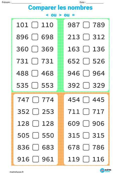 5 fiches pour Exercices Comparer les nombres jusqu à 1000 CE1 CE2