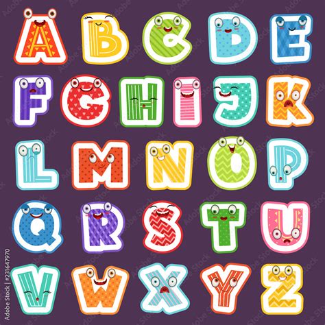 Cartoon Alphabet With Emotions Colored Cute Font Characters Letters