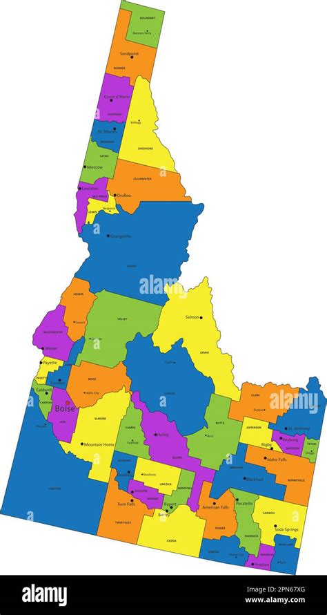 Colorido mapa político de Idaho con capas claramente etiquetadas y