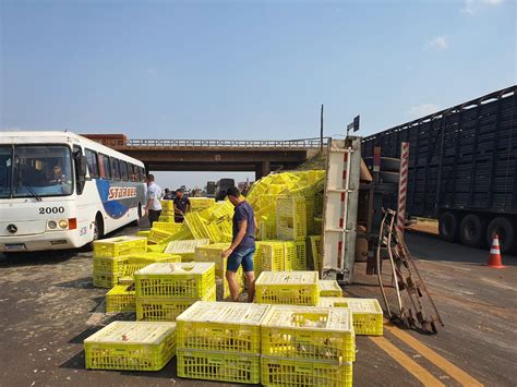 Caminhão carregado de frango tomba na alça de acesso a rodovia Péricles