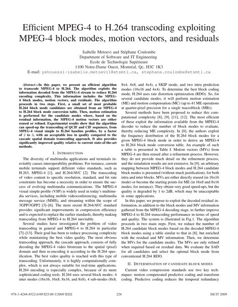 pdf efficient mpeg 4 to h 264 transcoding exploiting mpeg 4 block modes motion vectors and