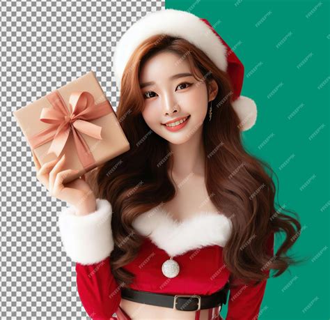 Premium Psd Beautiful And Cute Woman Wearing A Santa Costume Holding A T Box And Smiling