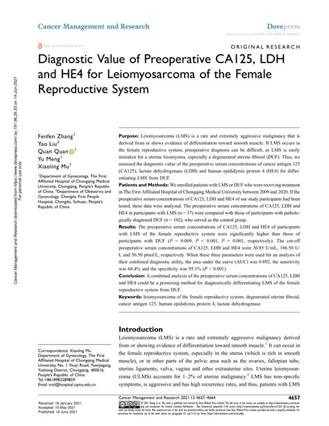 pdf diagnostic value of preoperative ca125 ldh and he4 for leiomyosarcoma of the female