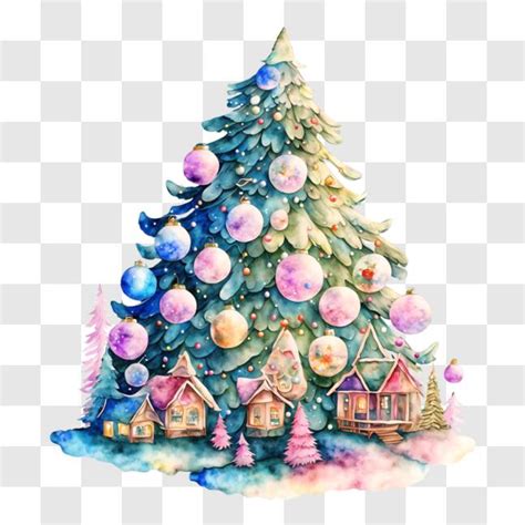 Descarga Árbol de Navidad de acuarela con adornos y casas coloridos