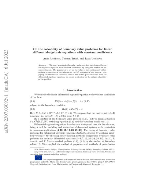 pdf on the solvability of boundary value problems for linear differential algebraic equations
