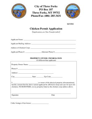 Fillable Online Chicken Permit Application City Of Three Forks PO Box