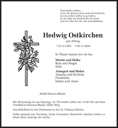 Traueranzeigen Von Hedwig Ostkirchen Sich Erinnern De