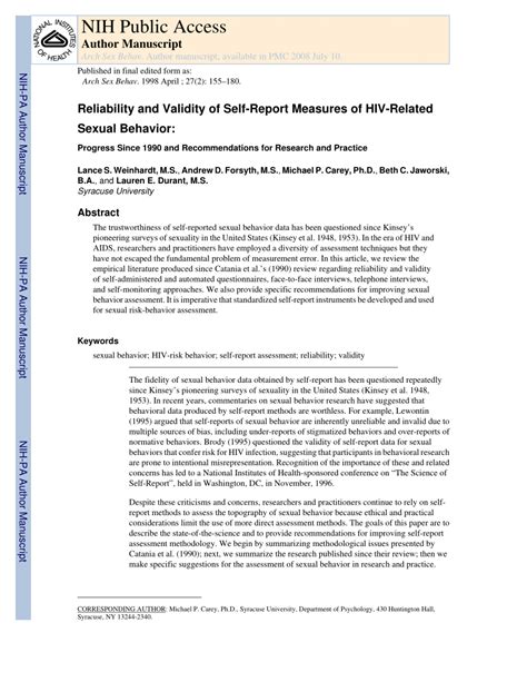 pdf reliability and validity of self report measures of hiv related sexual behavior progress