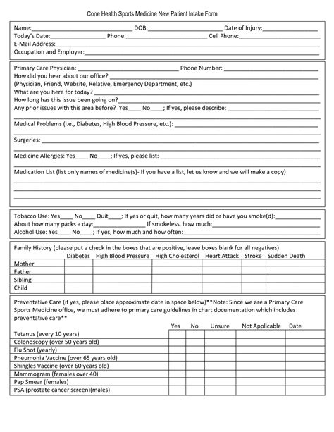 Printable Medical Intake Form Template