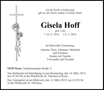 Traueranzeigen Von Gisela Hoff Volksfreund Trauer De