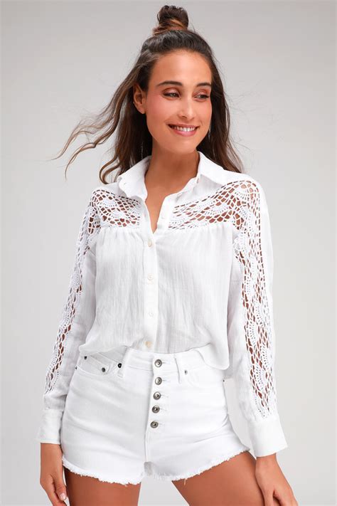 Cute Cream Top Crochet Paneled Shirt Long Sleeve Crop Top Lulus