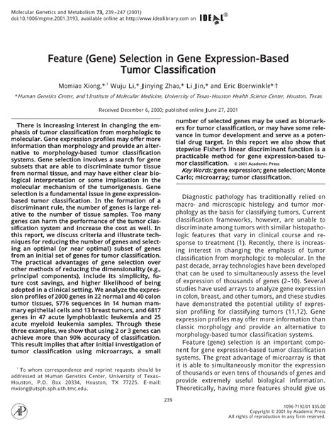pdf feature gene selection in gene expression based tumor classification