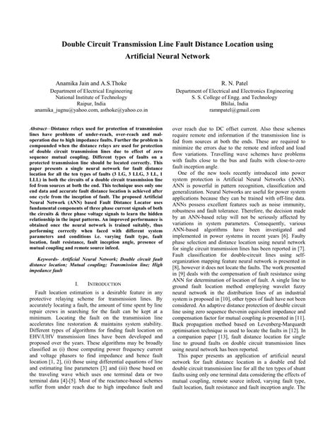 pdf double circuit transmission line fault distance location using artificial neural network