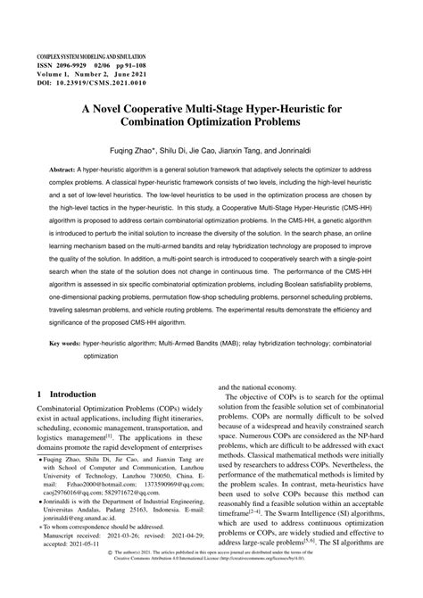 pdf a novel cooperative multi stage hyper heuristic for combination optimization problems