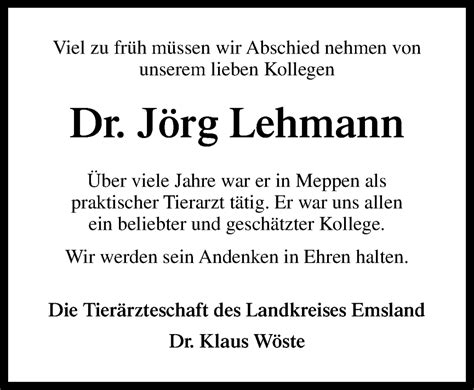 Traueranzeigen von Jörg Lehmann noz Trauerportal