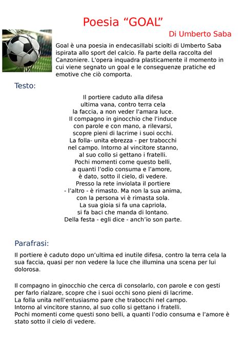 Poesia Goal Di Umberto Saba Parafrasi Livello Scuola Media Poesia