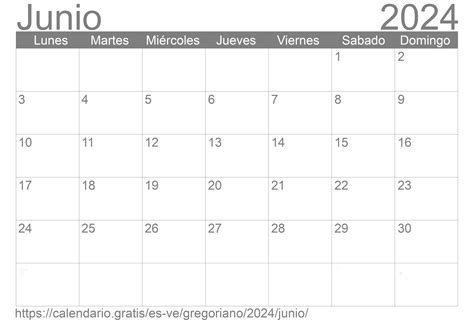 Calendario Junio 2024 de Venezuela en español Festivos y fase lunar