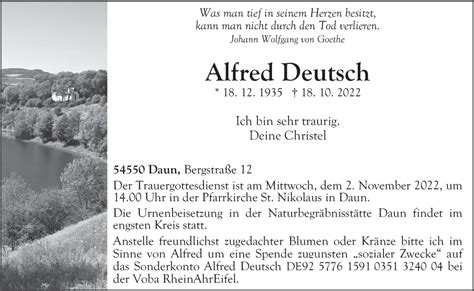 Traueranzeigen Von Alfred Deutsch Volksfreund Trauer De
