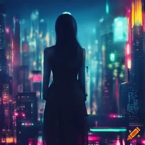 Cyberpunk Cityscape At Night With A Mysterious Girl On Craiyon