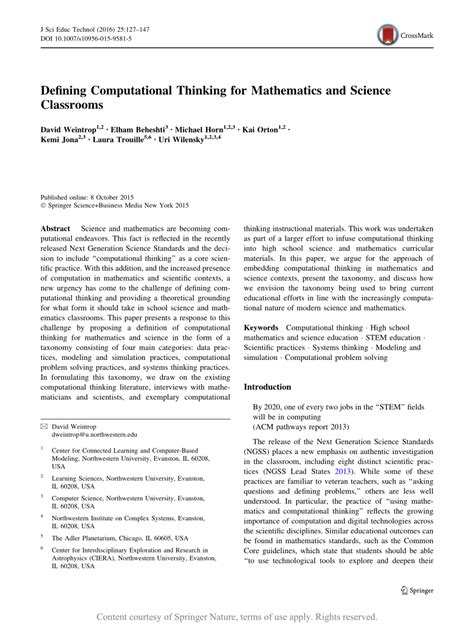 defining computational thinking for mathematics and science classrooms request pdf