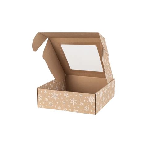 Pudełko świąteczne z okienkiem300x300x100mm białym nadrukiem ŚNIEŻYNKI