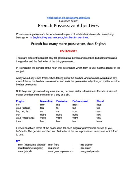 French Possessive Adjectives Lesson Exercises Adjectifs Possessifs