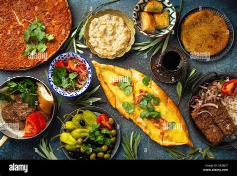 Traditional Turkish Dishes And Mezze Pide Lahmacun Meat Kebab