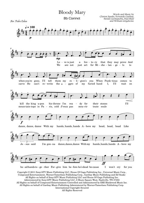 Bloody Mary Arr Pedro Cohen By Lady Gaga Sheet Music For Clarinet