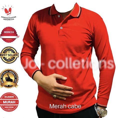 Jual Kaos Kerah Lengan Panjang Merah Cabe S M L Xl Catton Wafer Premium