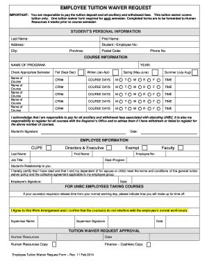 Fillable Online Unbc EMPLOYEE TUITION WAIVER REQUEST University Of