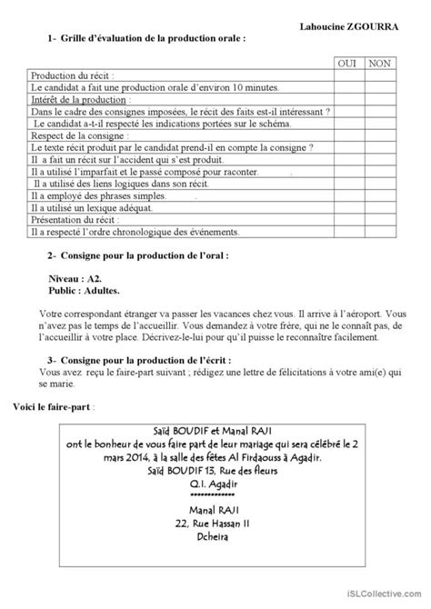 grille d évaluation et production or Français FLE fiches pedagogiques
