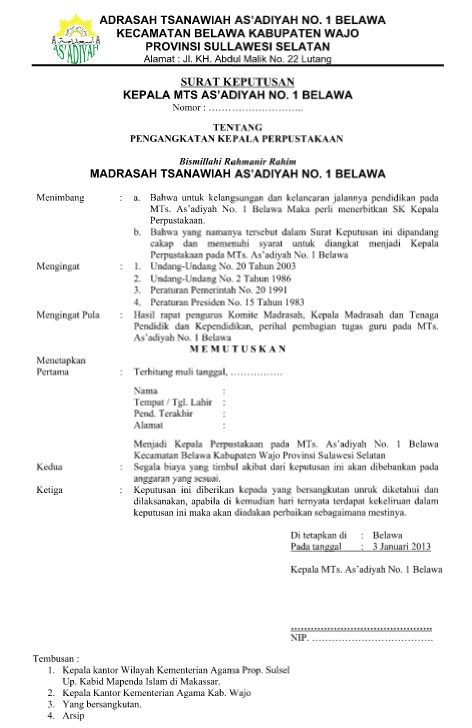Contoh SK Pengangkatan Pengelolah Perpustakaan Terbaru Format Word