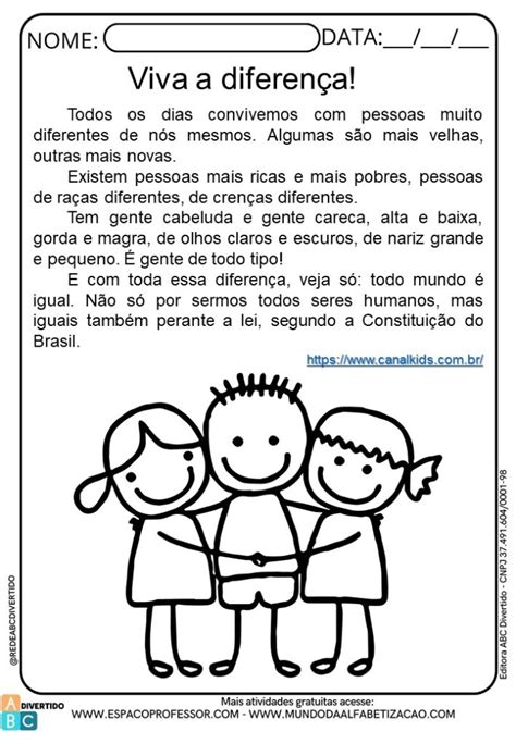 Atividade sobre as diferenças produção de texto preconceito Espaço