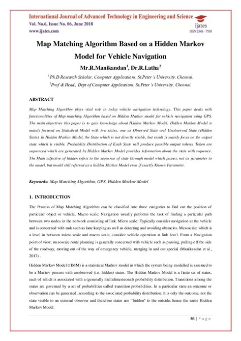 pdf map matching algorithm based on a hidden markov model for vehicle navigation dr latha r