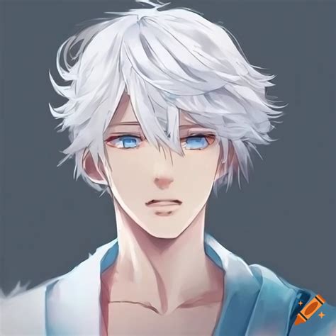 Male White Hair Pale Skin Bright Blue Eyes Anime On Craiyon