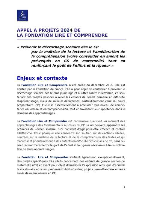Appel Projets De La Fondation Lire Et Comprendre Fondation