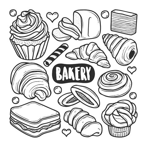 Iconos de panadería dibujado a mano doodle para colorear Vector Premium